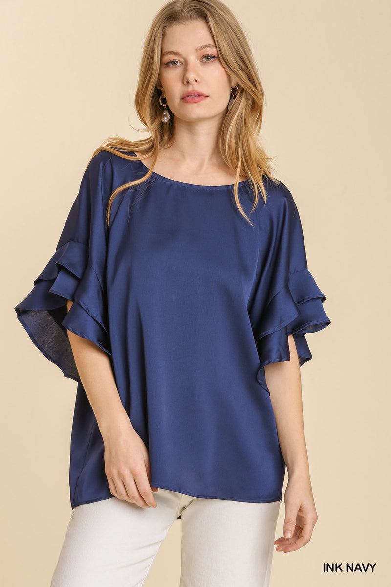 Navy Ruffled Sleeve Top – Peppered with Leopard